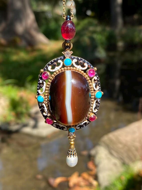 Victorian 18ct Gold Banded Agate Ruby Garnet Diamond … - Gem