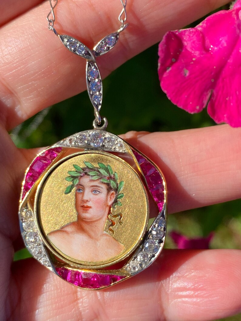 Antique Apollo Ruby Diamond 18ct Gold Enamel Pendant Necklace - Etsy