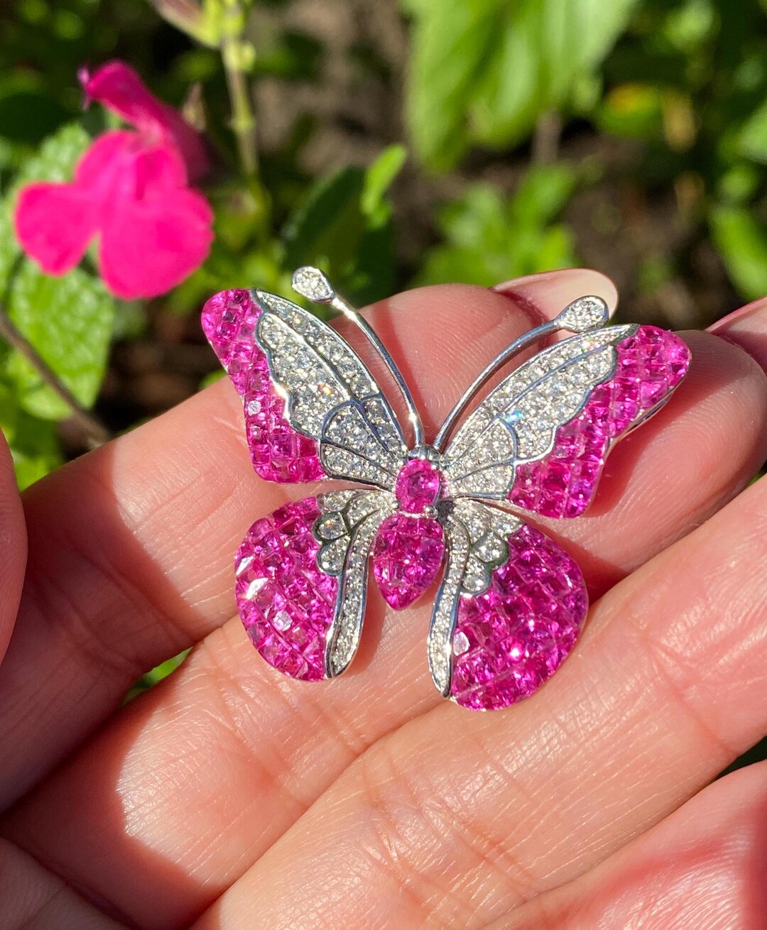 18k White Gold Natural Ruby Diamond Butterfly Pendant Brooch - Etsy