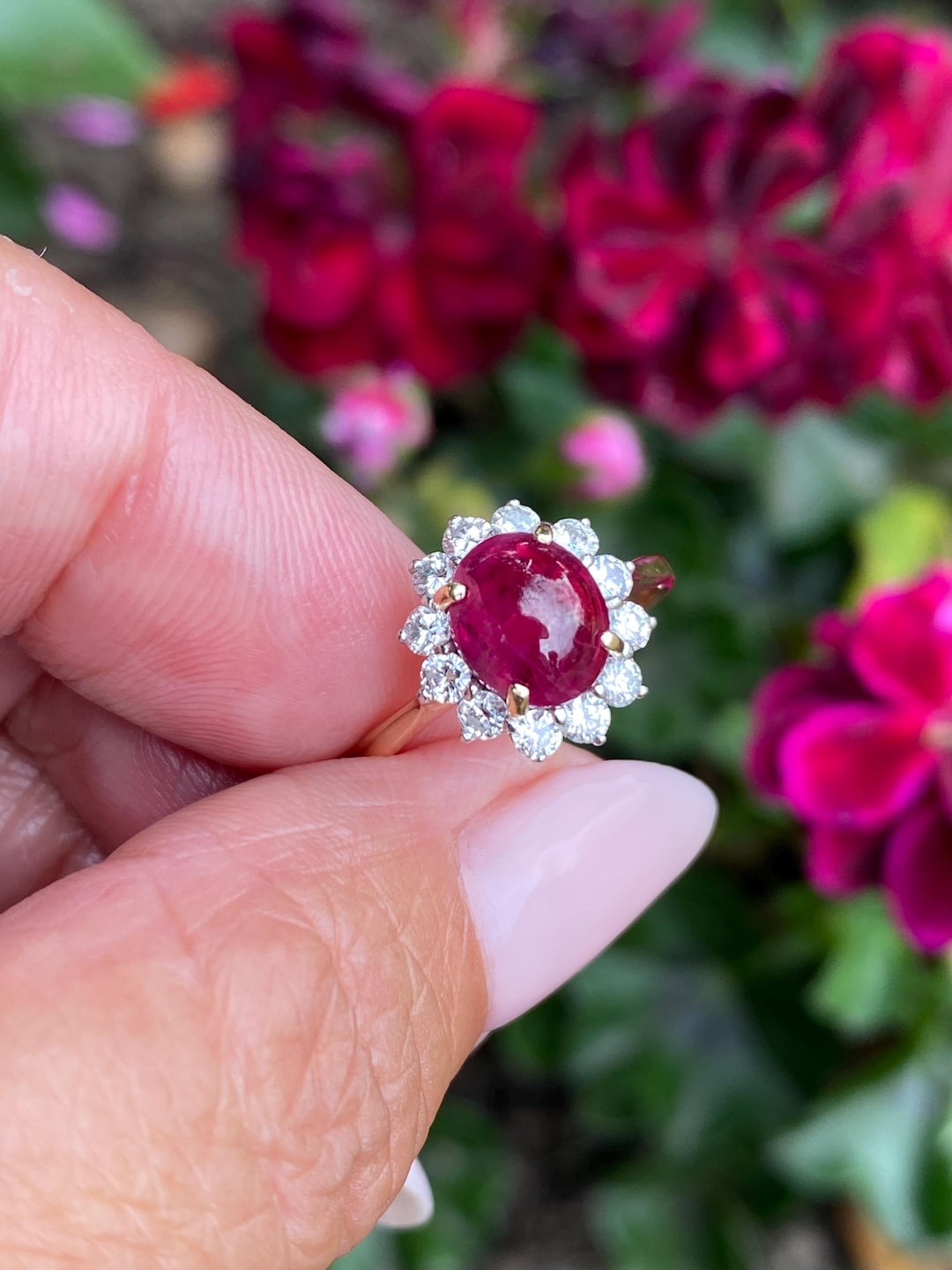 18k Gold Ruby Diamond Ring: Cabochon Gemstone, Size 5.75 - Etsy