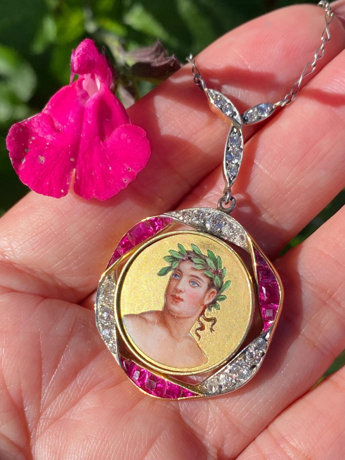 Apollo 18ct Gold Natural Ruby Beautiful Enamel Antique Necklace Pendant ...