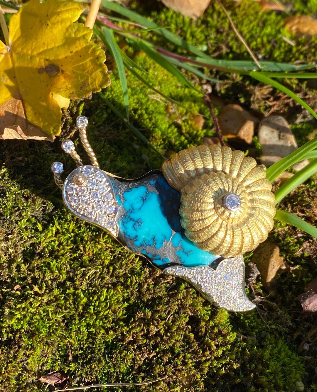 18ct Gold Turquoise & Diamond Snail Brooch | Natural Turquoise Animal ...