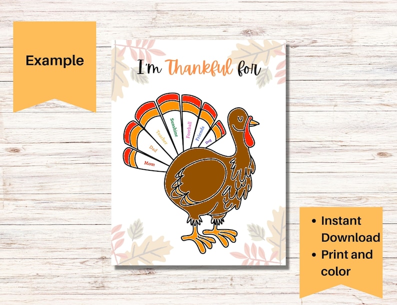 I"m Thankful for Turkey Printable, Thanksgiving Kids Activity, Instant ...