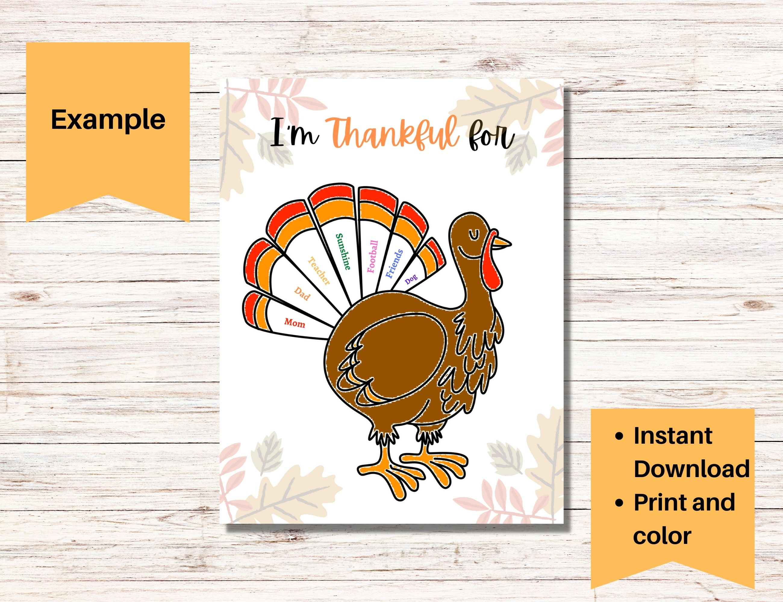 I"m Thankful for Turkey Printable, Thanksgiving Kids Activity, Instant ...