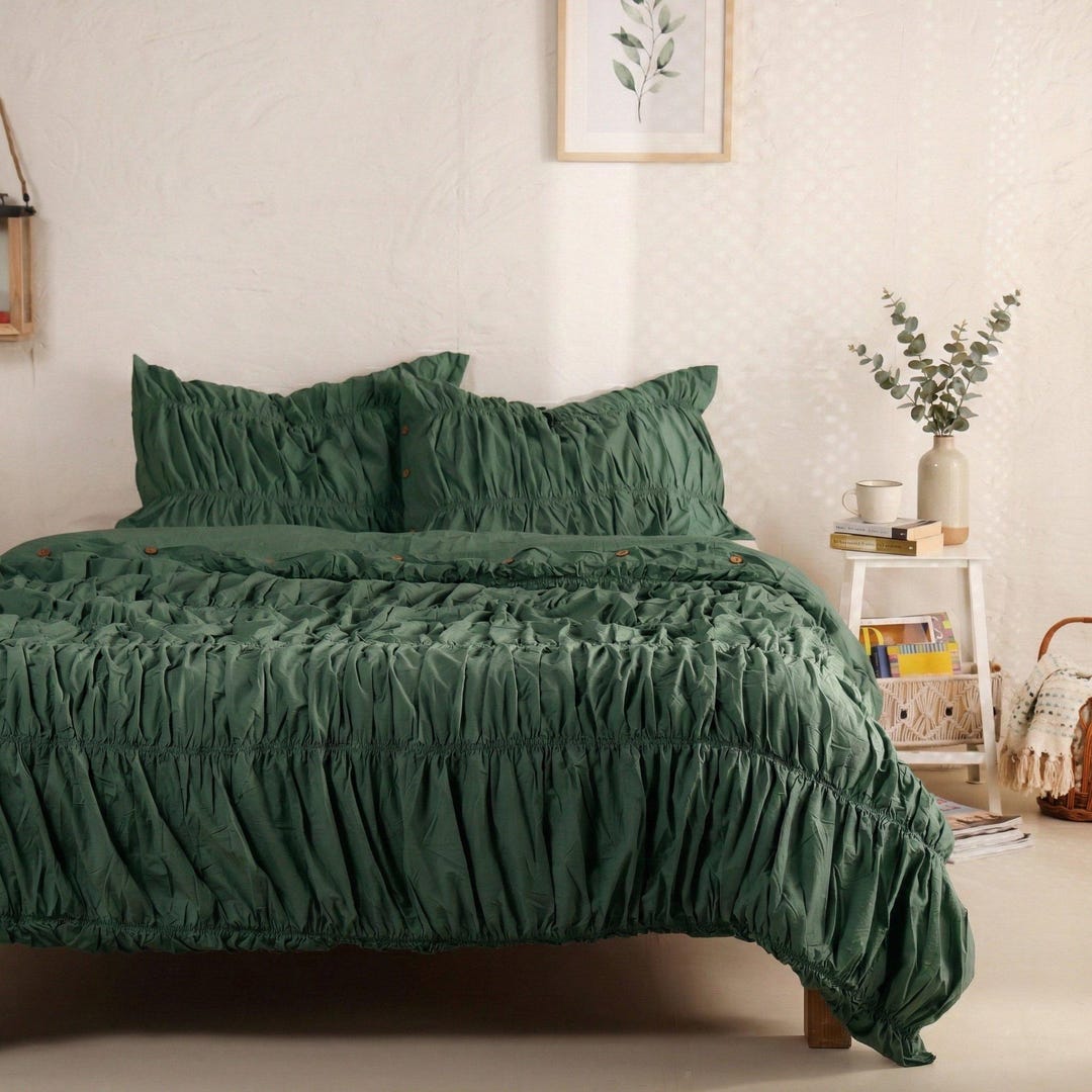 Forest Green Ruched Cotton Duvet Cover Set – Cozy Boho Bedding (3 Pcs ...
