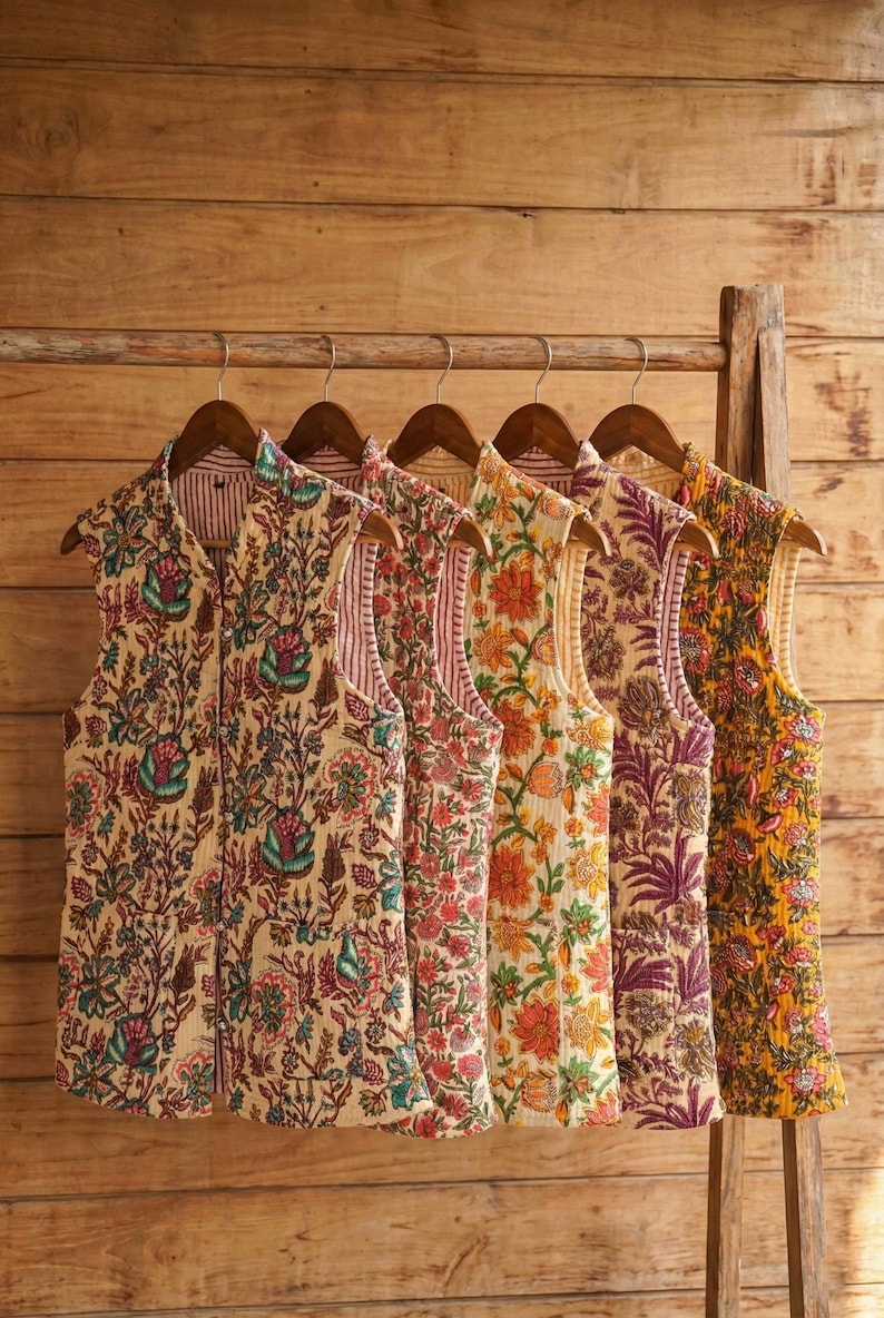 Handmade Reversible Quilted Vest, Floral Block Print Cotton Jacket - Etsy