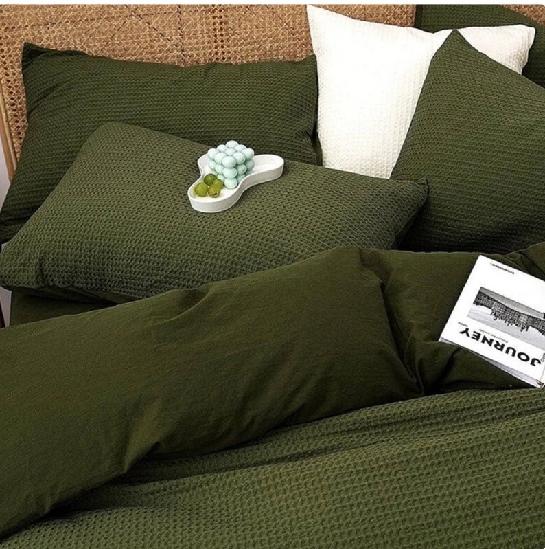 Moss Green Color Washed Cotton Waffle Duvet Cover 3pcs Moss Green Duvet ...