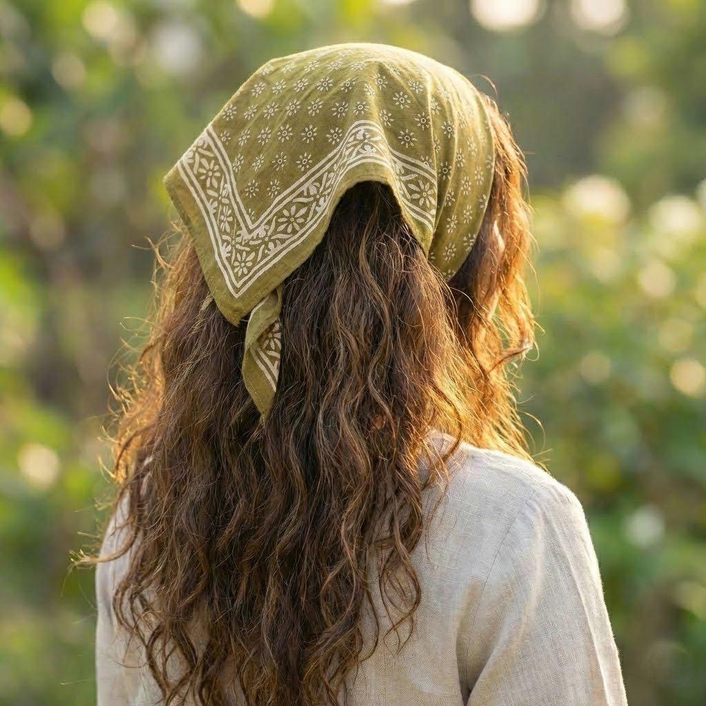 Hand Block Printed Cotton Bandana, Floral Geometric Design, Olive Green ...