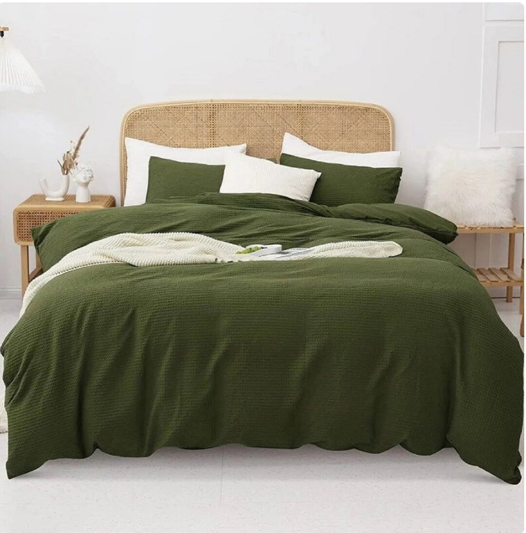 Moss Green Color Washed Cotton Waffle Duvet Cover 3pcs Moss Green Duvet ...