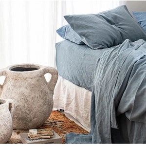 3 Piece Linen Bedding Set in Dusty Linen Dusty Blue Set Cover and 2 ...