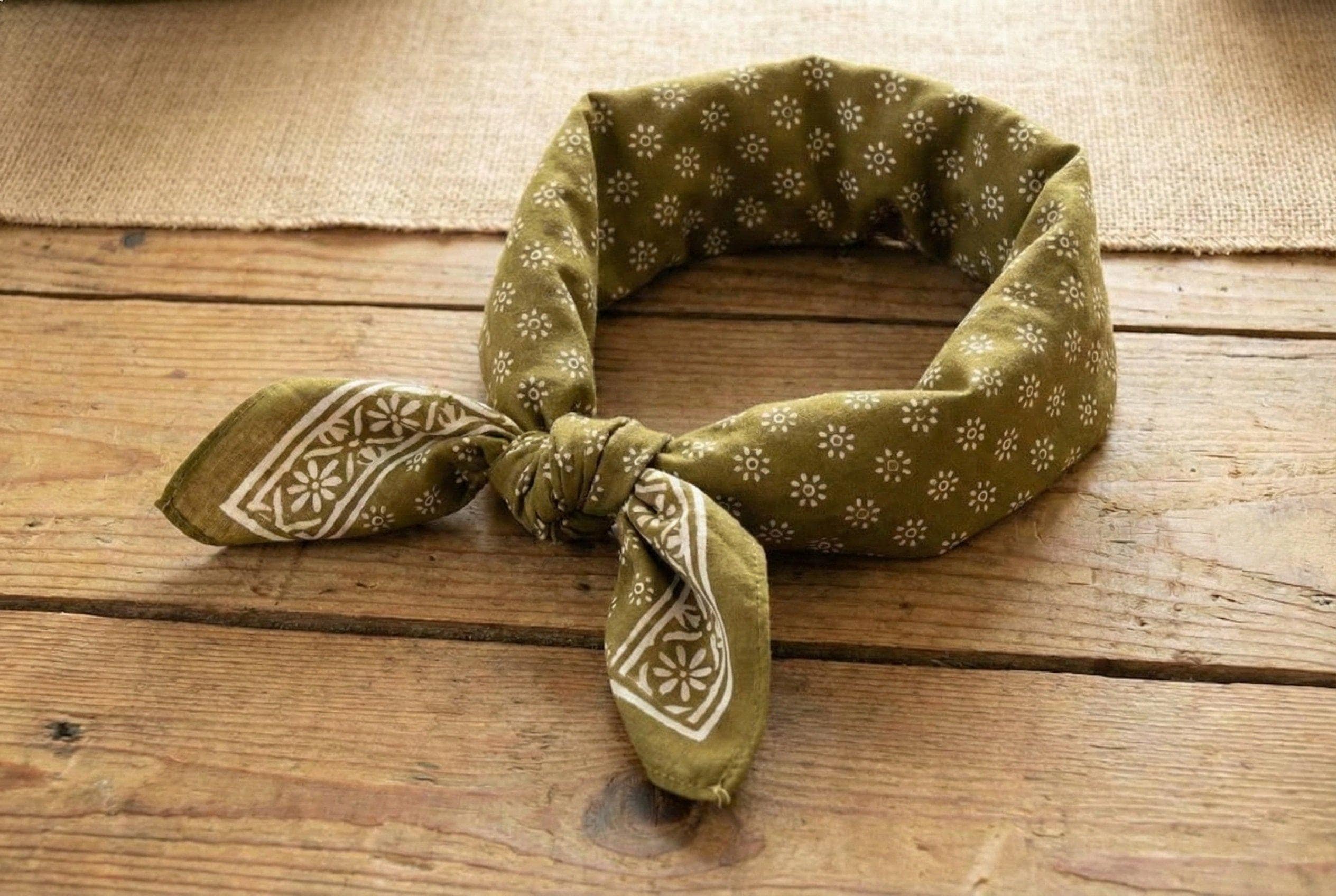 Hand Block Printed Cotton Bandana, Floral Geometric Design, Olive Green ...