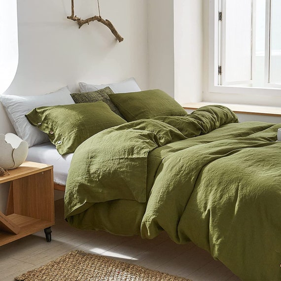 Moss Olive Green Washed Linen Duvet Cover / Green Bedding - Etsy