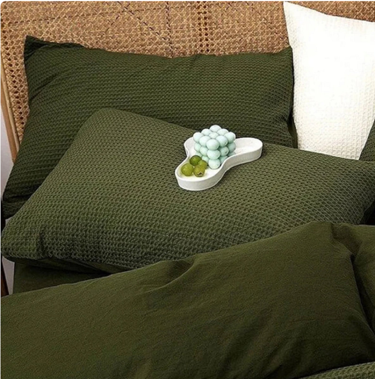 Moss Green Color Washed Cotton Waffle Duvet Cover 3pcs Moss Green Duvet ...