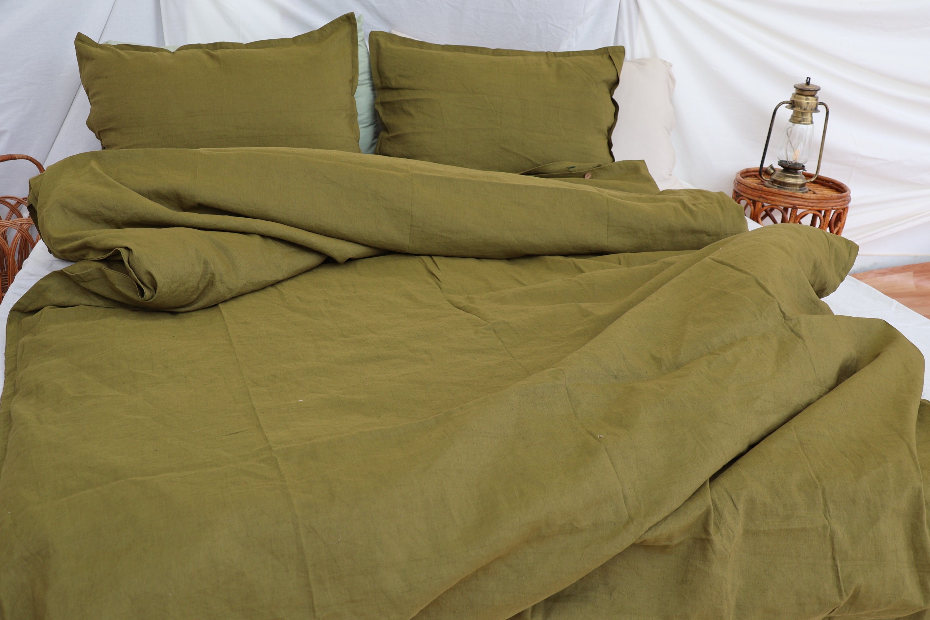 Moss Olive Green Washed Linen Duvet Cover / Green Bedding Duvet Set 2 ...