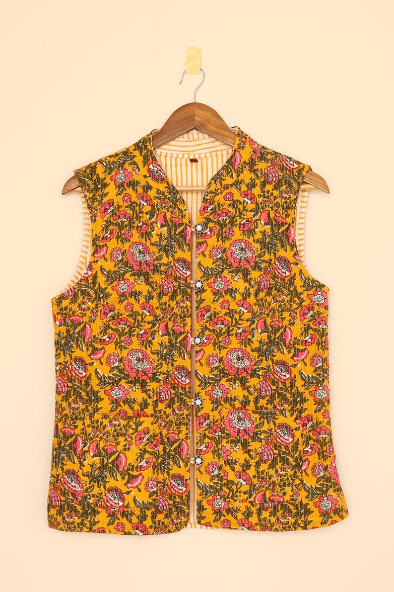 Handmade Reversible Quilted Cotton Jacket, Block Print Sleeveless Winter Layering Vest, Artisan ...