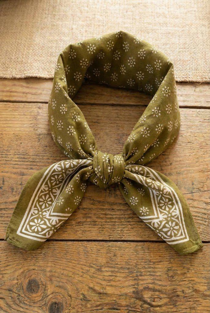 Hand Block Printed Cotton Bandana, Floral Geometric Design, Olive Green ...