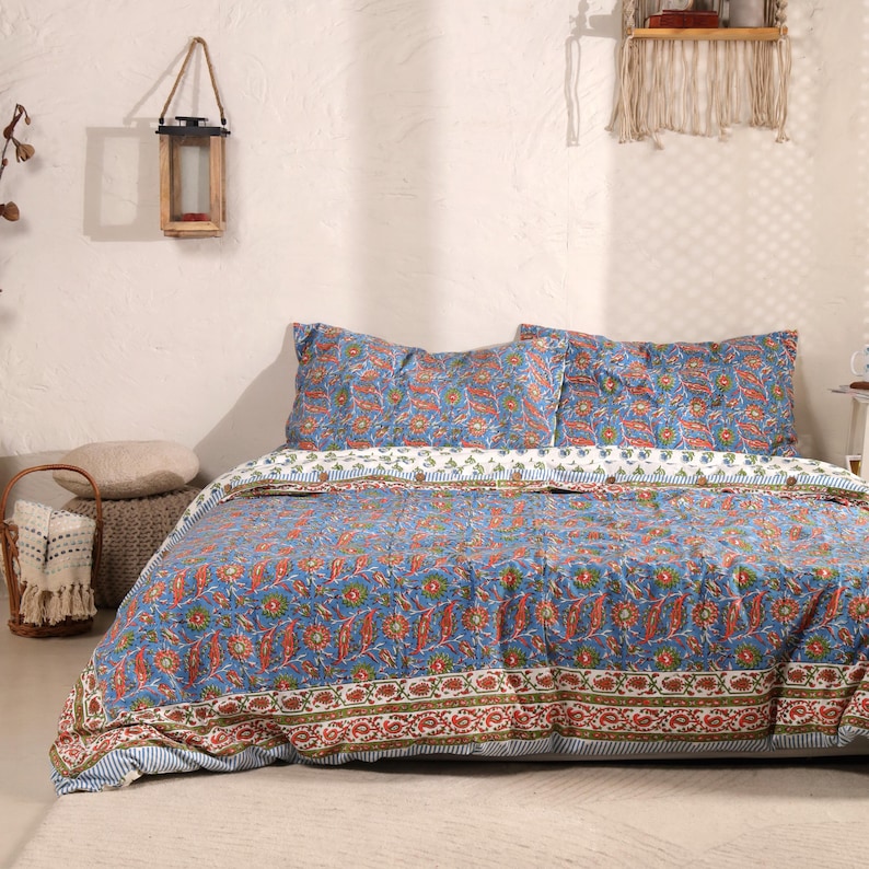 Floral Hand Block Print Duvet Cover – 100% Cotton Bedding, Indian ...