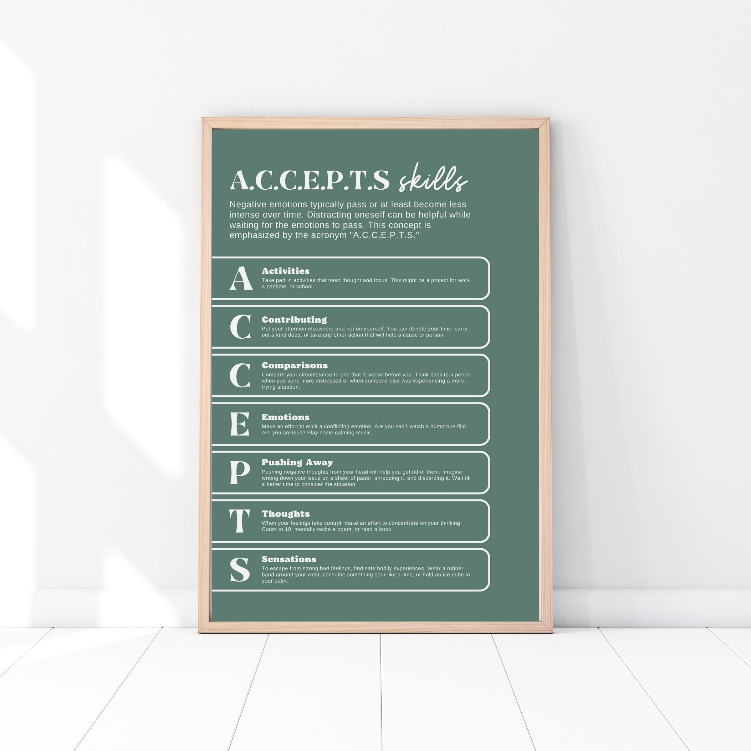 DBT Poster, ACCEPTS Skills Poster for Therapy Office Decor, Counseling ...