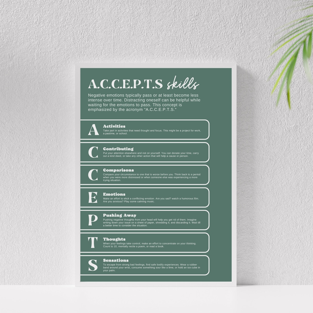 DBT Poster, ACCEPTS Skills Poster for Therapy Office Decor, Counseling ...