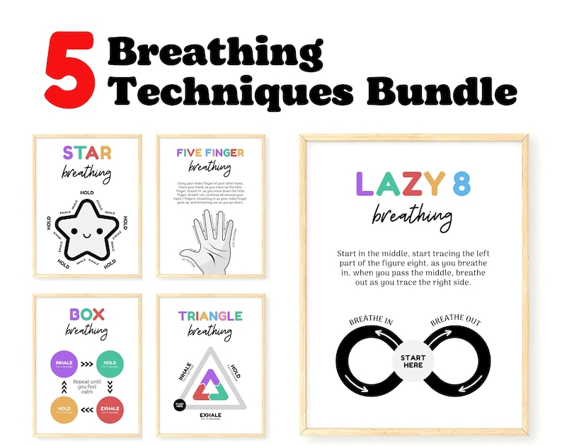 Set of 5 Breathing Techniques Poster for Therapy Office Decor ...