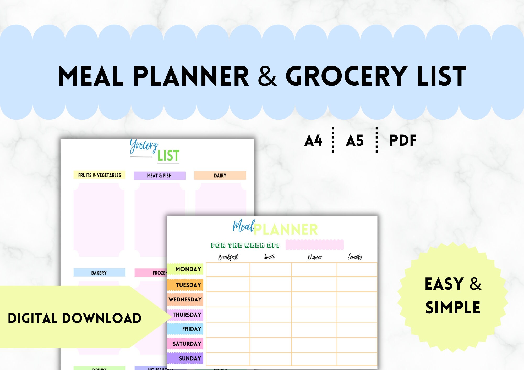 Weekly Meal Planner, Meal Planner, Printable, Digital Download, Grocery ...