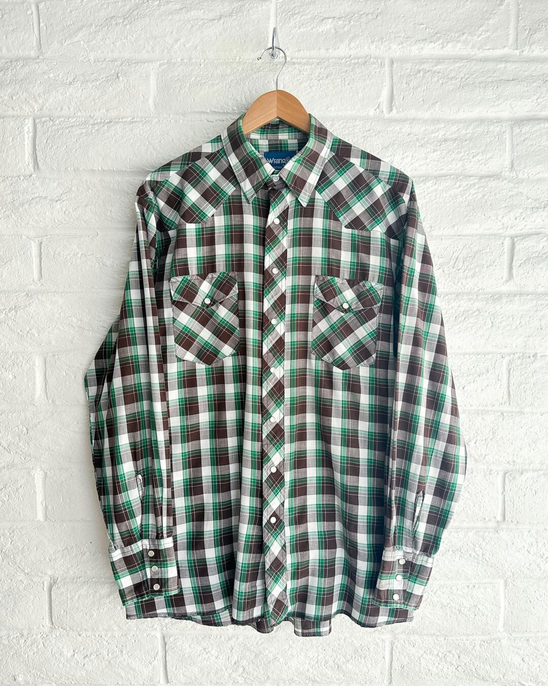 Vintage 90s Wrangler Western Shirt Green Brown Plaid Men's XL Cowboy ...
