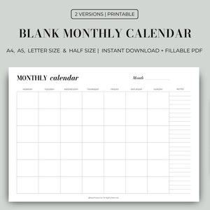 Blank Monthly Calendar, Printable Calendar, Undated Monthly Planner ...