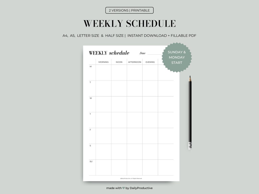 Weekly Schedule, Weekly Planner Printable, Weekly Timetable, Instant ...