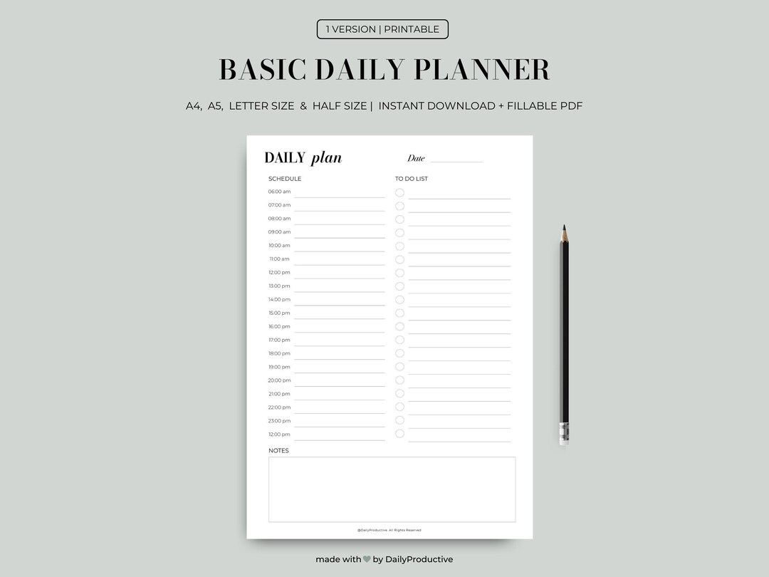 Basic Daily Planner, Daily Planner Printable, Hourly Planner, Daily ...