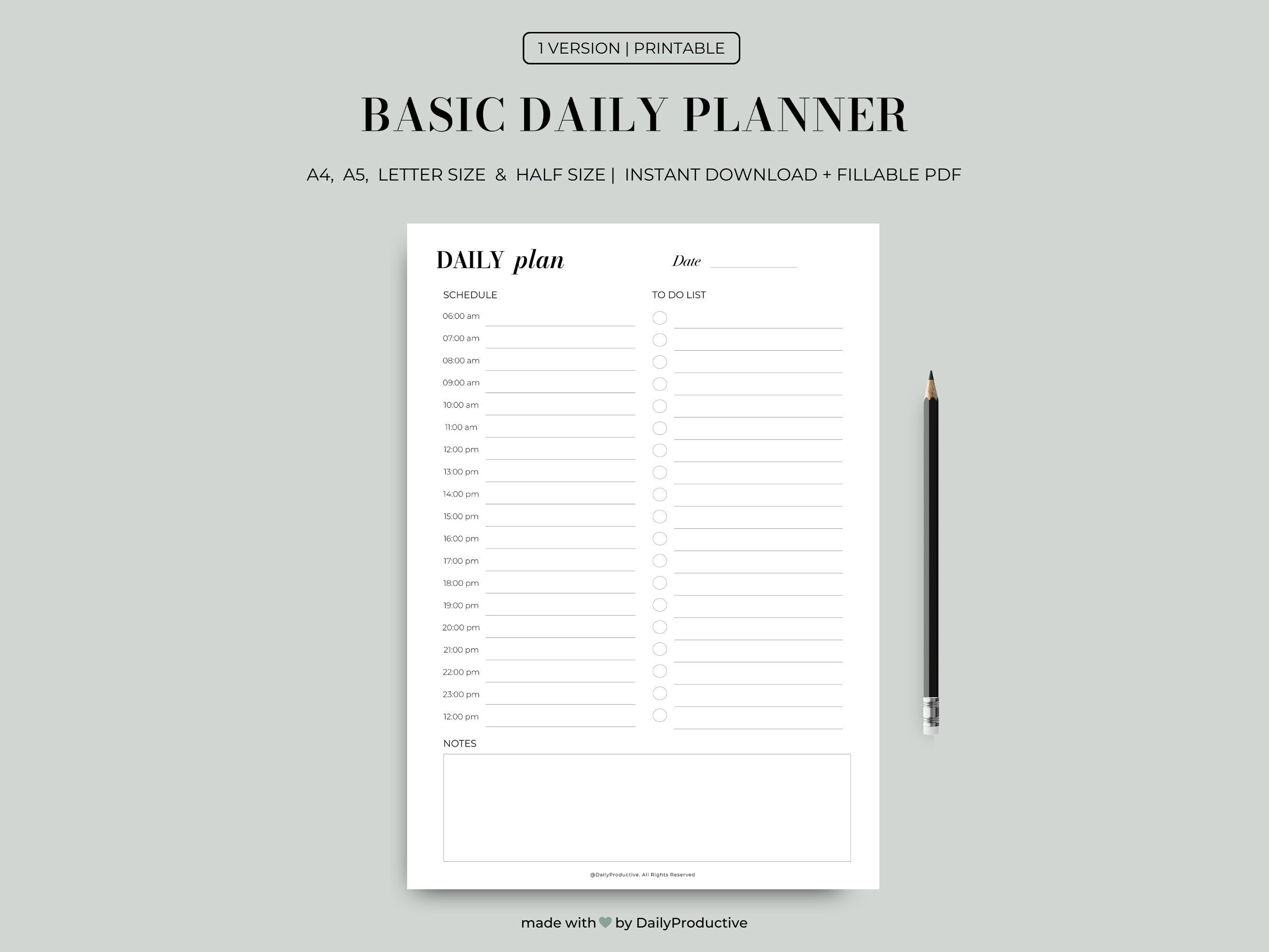 Basic Daily Planner, Daily Planner Printable, Hourly Planner, Daily ...