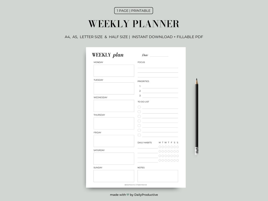 Weekly Planner Printable, Weekly Planner, Productivity Planner, Daily ...