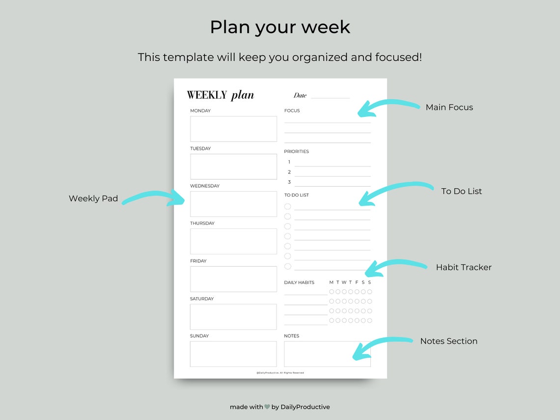 Weekly Planner Printable Weekly Planner Productivity - Etsy