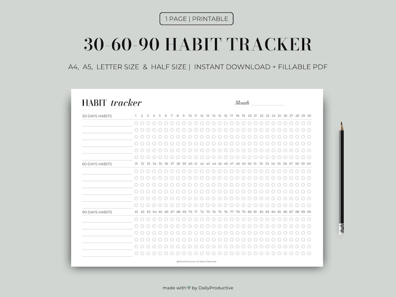 30-60-90 Day Habit Tracker Printable, 30-day Challenge, Goal Tracker ...
