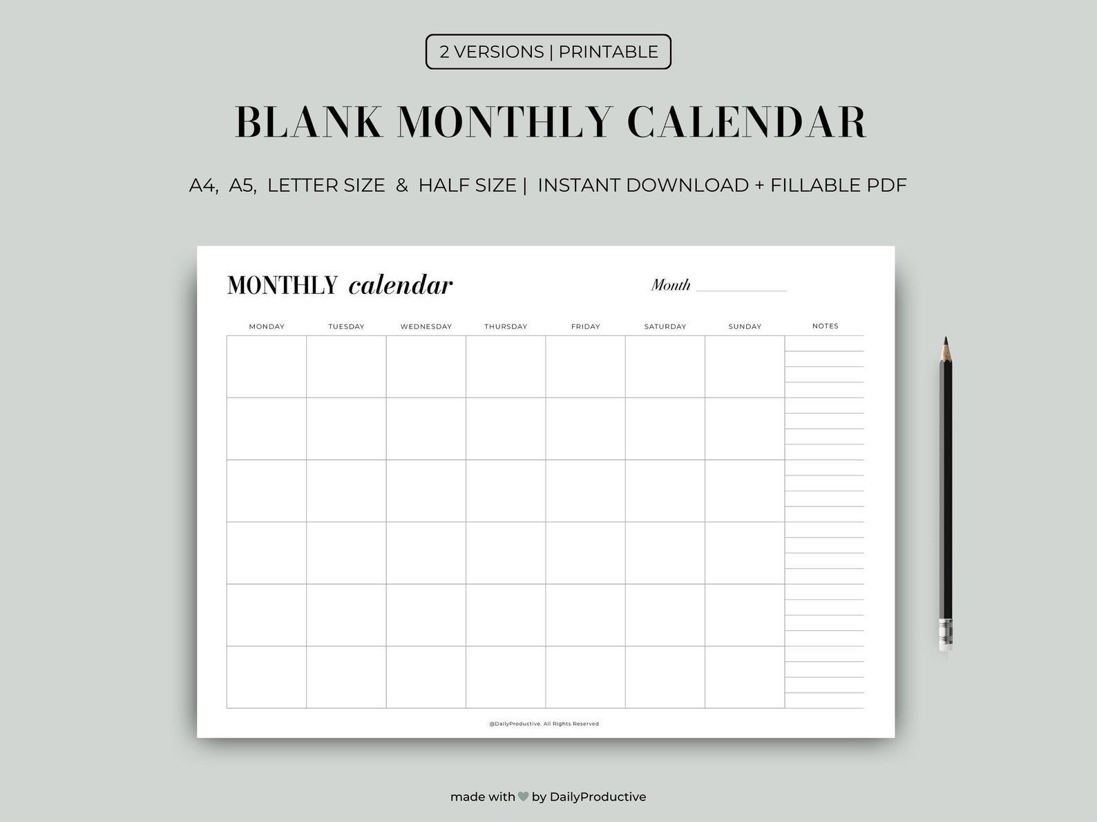Blank Monthly Calendar, Printable Calendar, Undated Monthly Planner ...