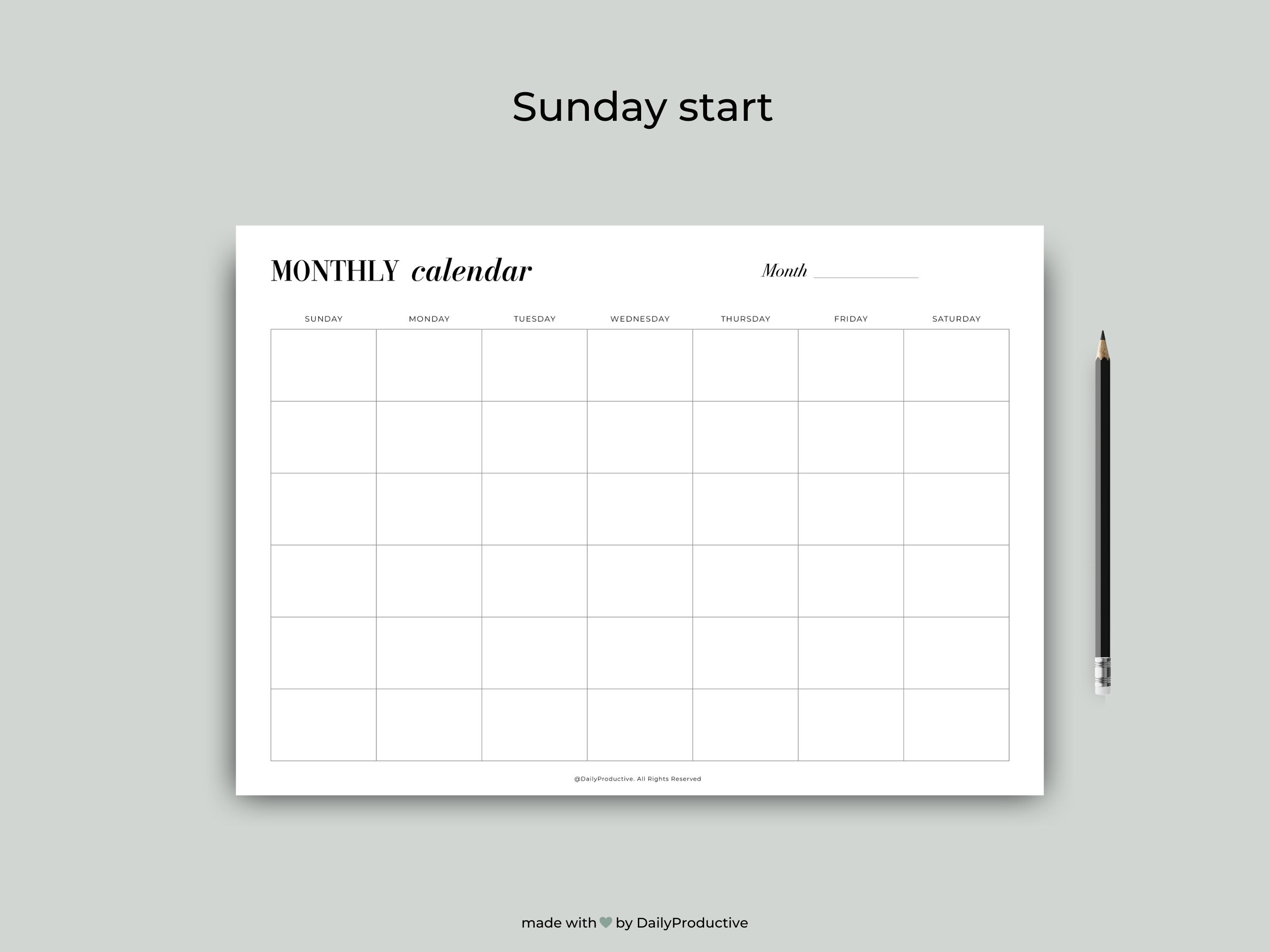Blank Monthly Calendar, Printable Calendar, Undated Monthly Planner ...