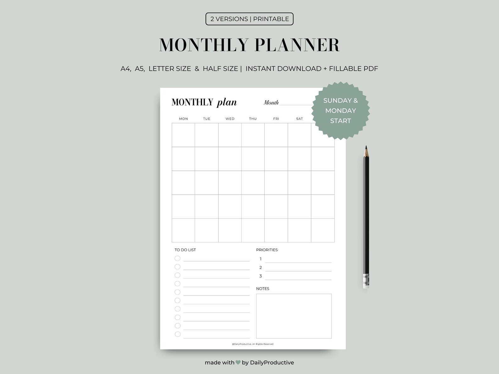 Undated Monthly Planner Printable, Monthly Calendar Printable, Instant ...