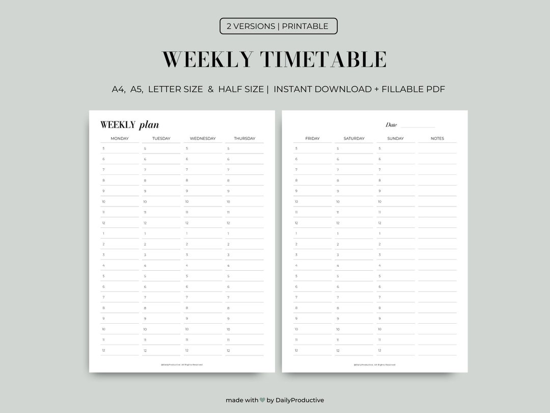 Weekly Timetable, Weekly Planner Printable, Daily Schedule, Instant ...