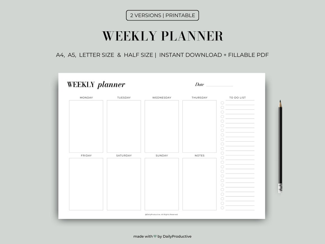 Weekly Planner Printable, Weekly Planner Landscape, Productivity ...