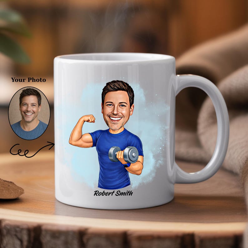 Personalized Fitness Cartoon Mug; Male Weight Lifter Cartoon Portrait ...