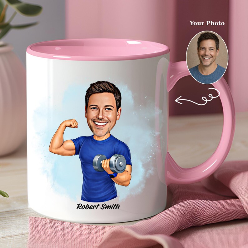 Personalized Fitness Cartoon Mug; Male Weight Lifter Cartoon Portrait ...