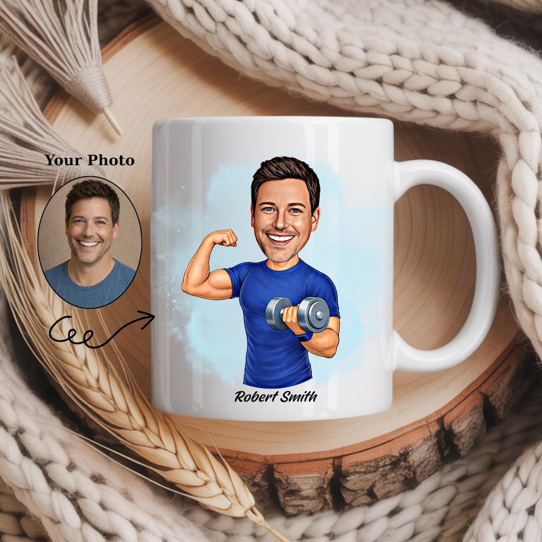 Personalized Fitness Cartoon Mug; Male Weight Lifter Cartoon Portrait ...