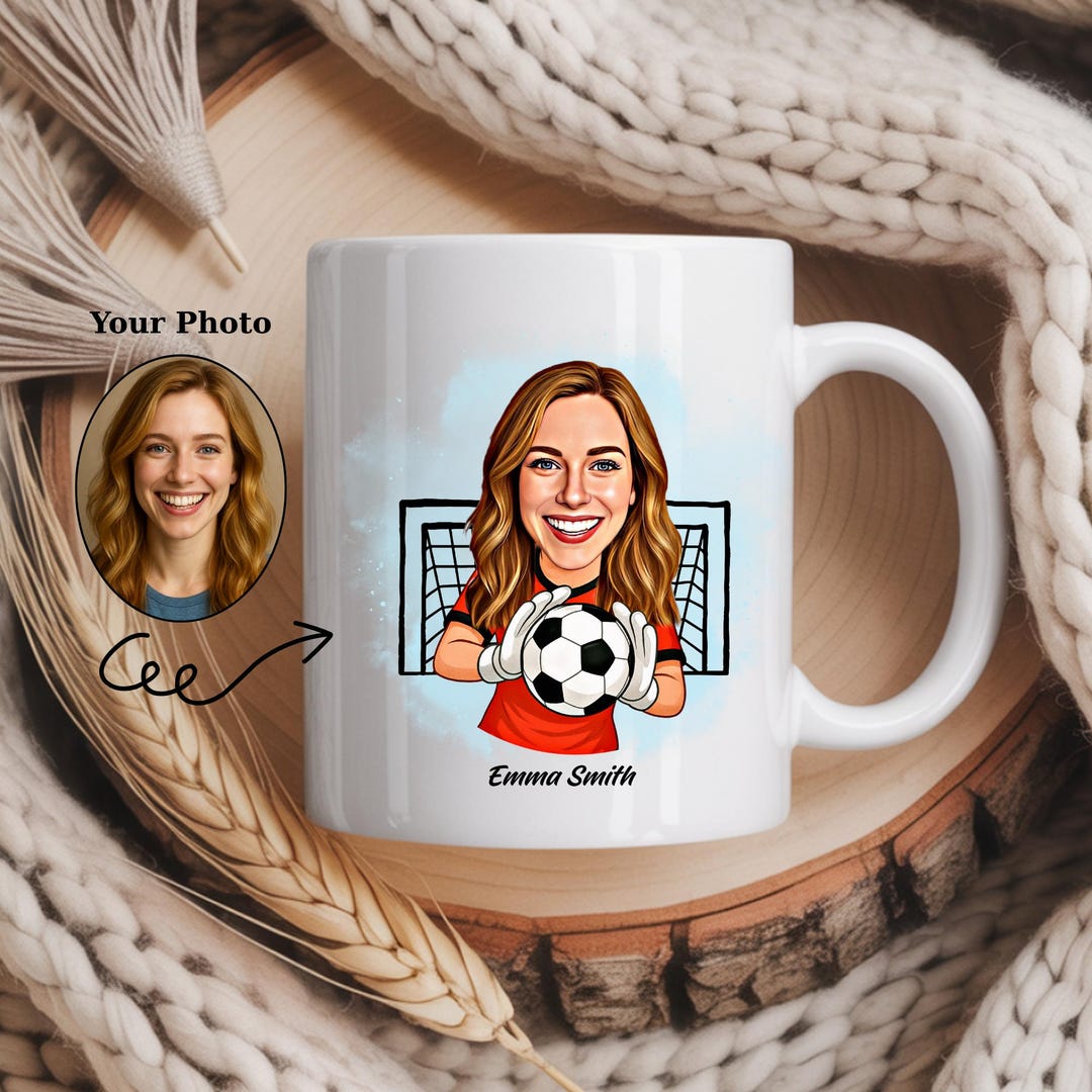 Custom Football Goalkeeper Caricature Portrait Drawing Mug: Female ...