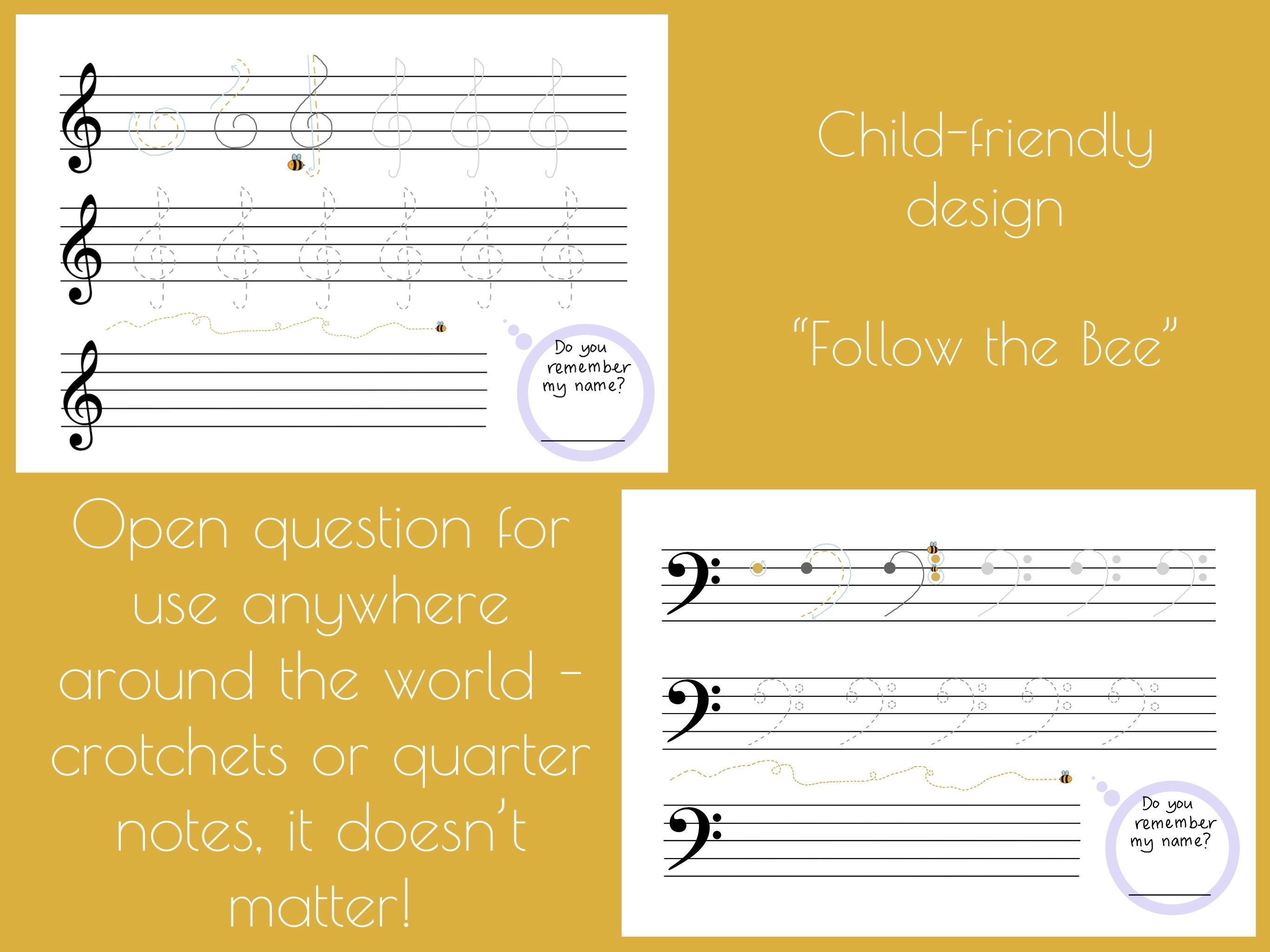 2 Printable Treble & Bass Clef Music Theory Worksheets Follow the Bee ...