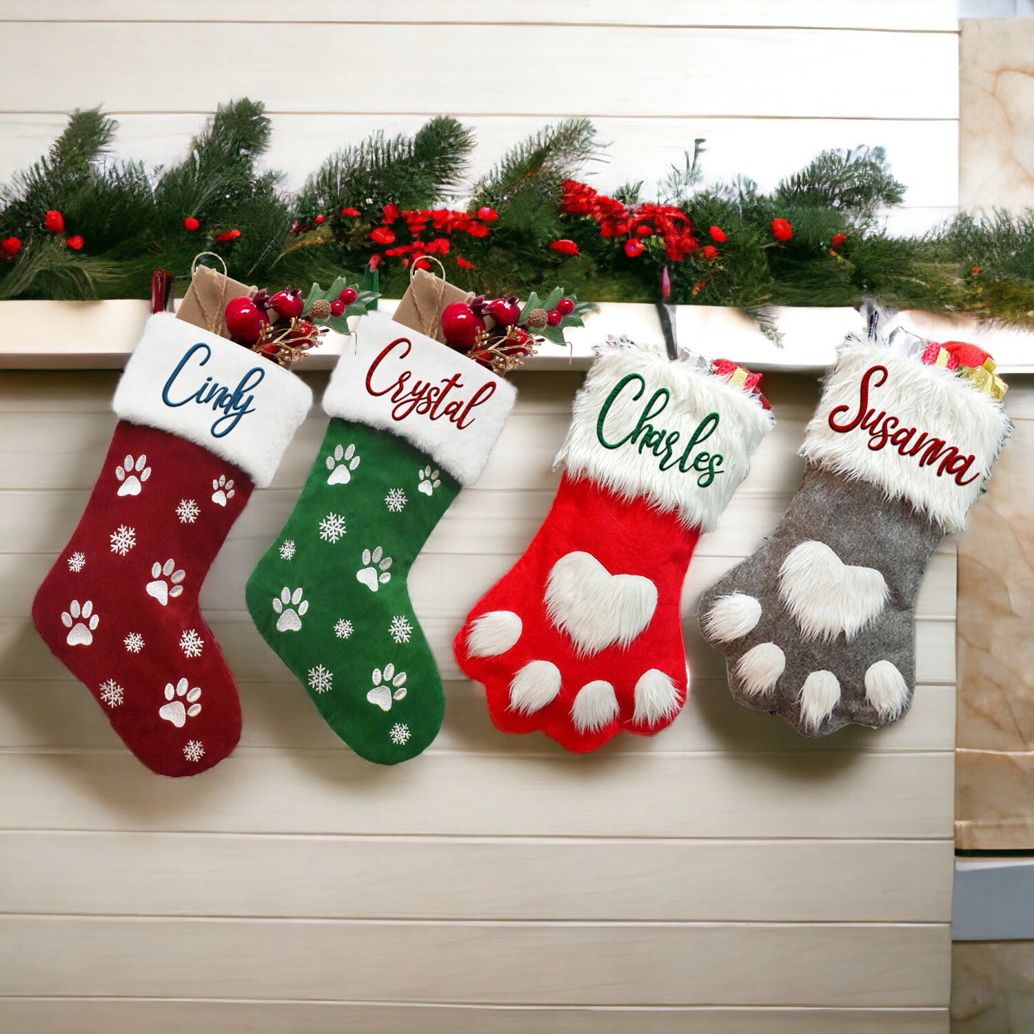 Embroidered Personalized Dog Paw Christmas Stockings, Custom Pet ...