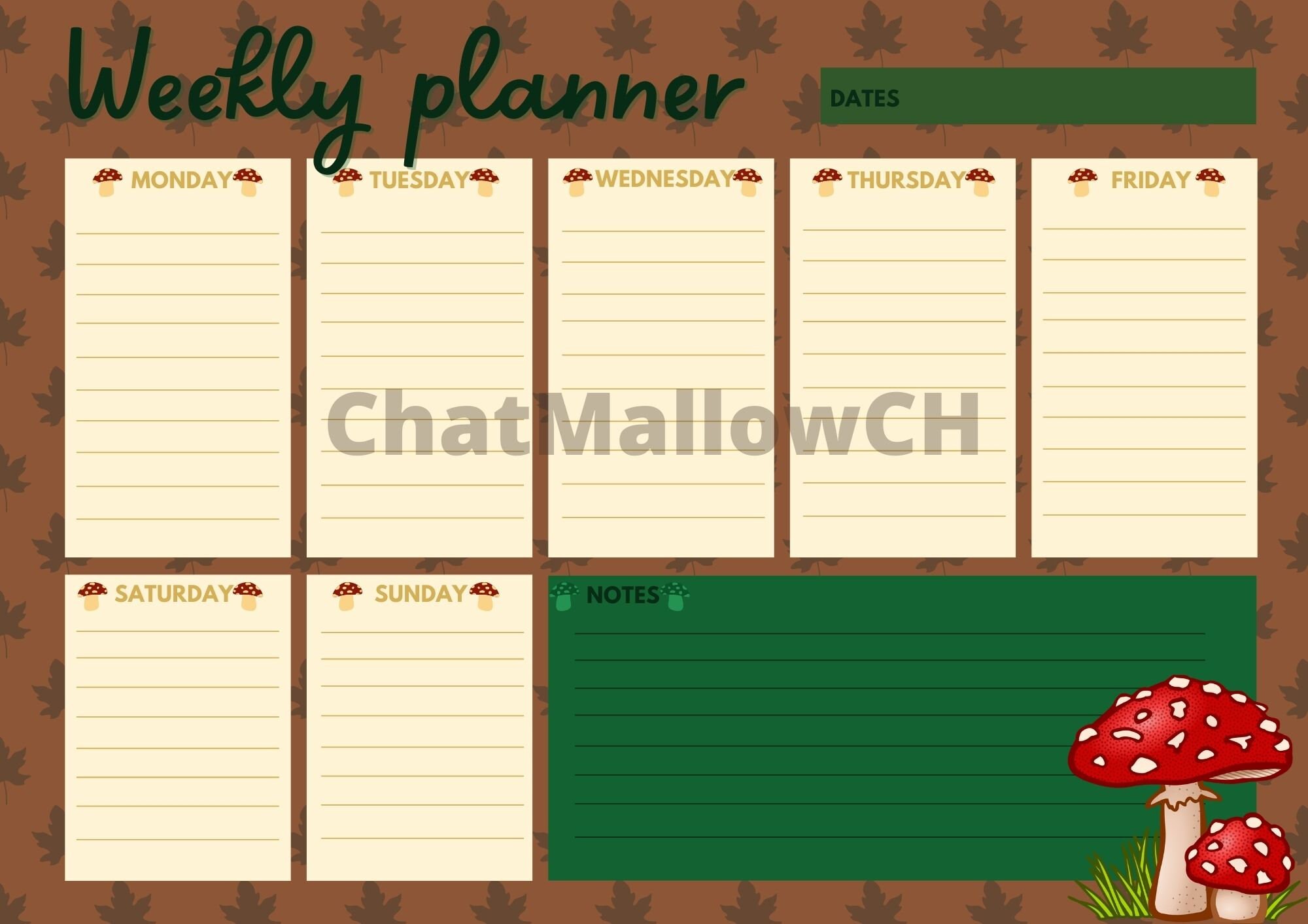 Digital Cute Mushroom Weekly Planner Downloadable and - Etsy