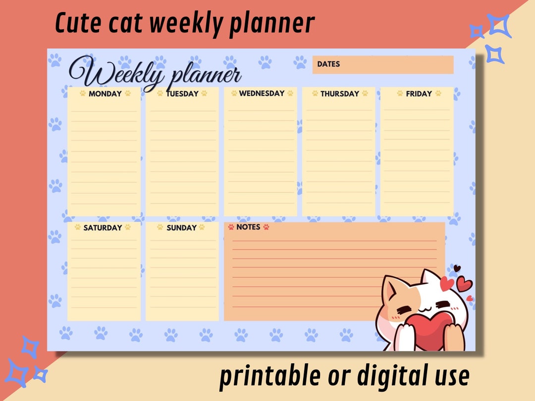 Digital Cute Cat Weekly Planner - Download - Printable - Etsy