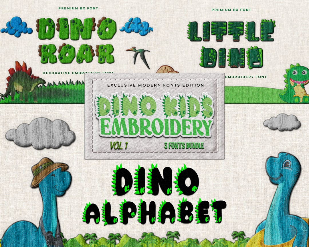 Embroidery Fonts Bundle, Modern Font, Dino Font Set - Dino Embroidery ...