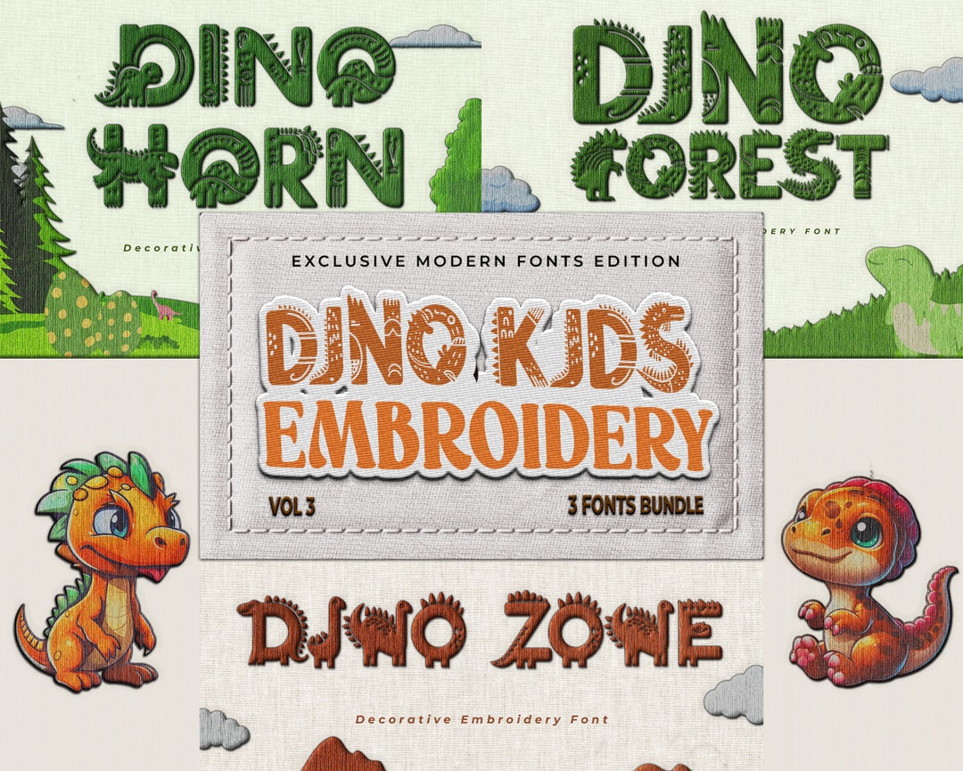 Embroidery Fonts Bundle, Modern Font, Style - Dinosaur Adventure ...