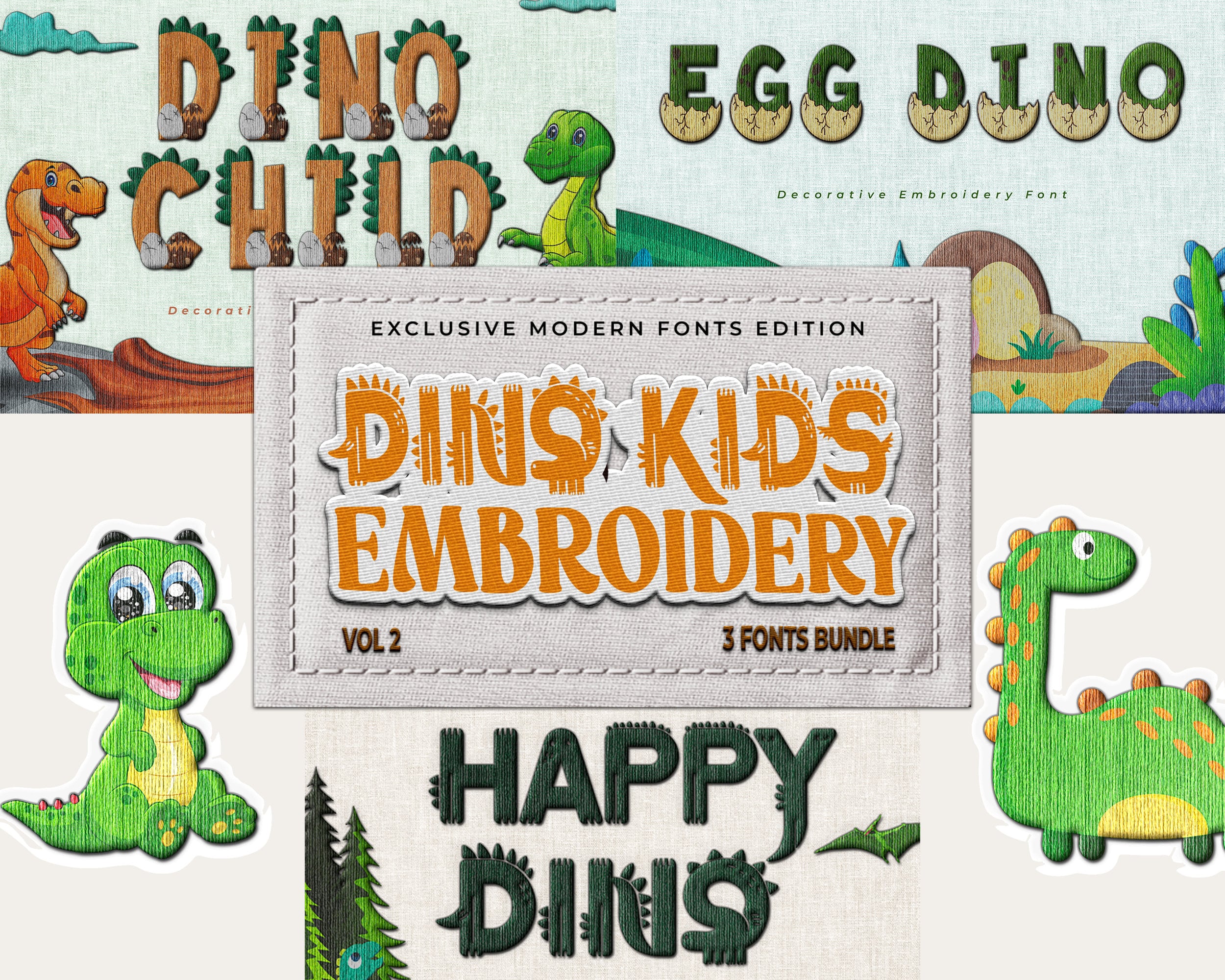 Embroidery Fonts Bundle, Font, Kids Embroidery - Dino Embroidery Font ...