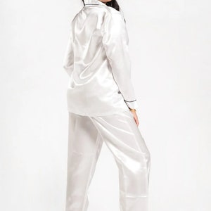White Piping Detail Long Sleeve Satin Pyjama Set Pyjamas Femme Luxe UK ...